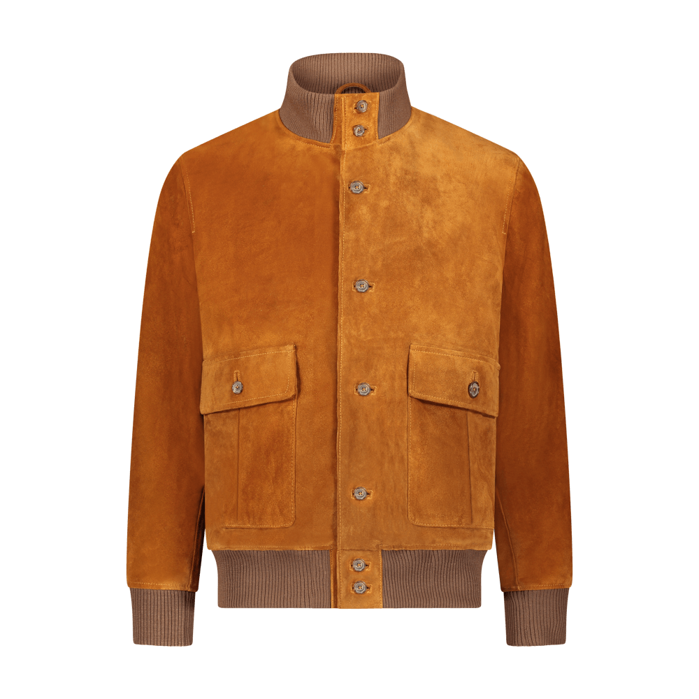 Rustic Elegance: Custom Suede Barracuda Bomber Jacket Rust – Q Clothier